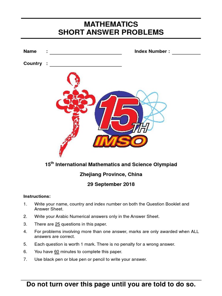Mathematics Short Answer Problems: An International Olympiad Exam ...