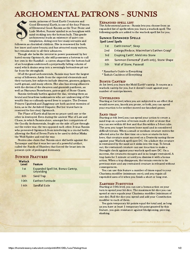 Archomental Patrons - Sunnis - The Homebrewery | PDF | Dungeons & Dragons