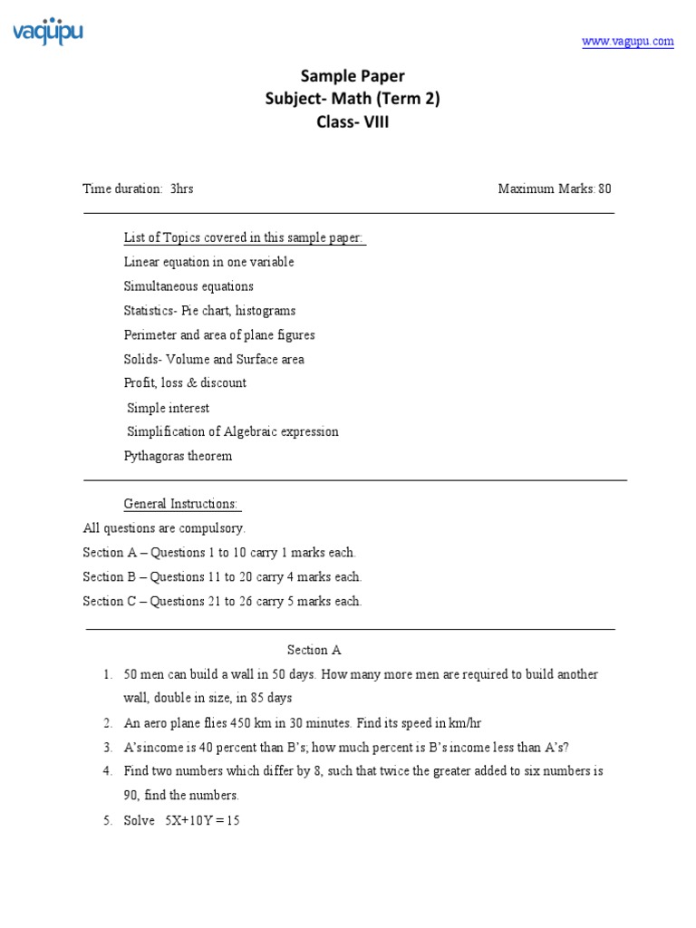 ICSE Class 8 Math Sample Paper Term 2 | PDF | Area | Circle