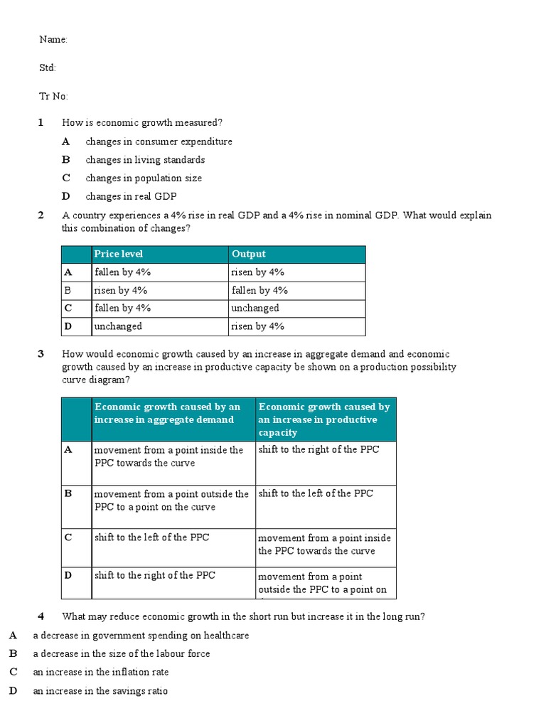 Economic Growth Worksheet | PDF | Economic Growth | Unemployment