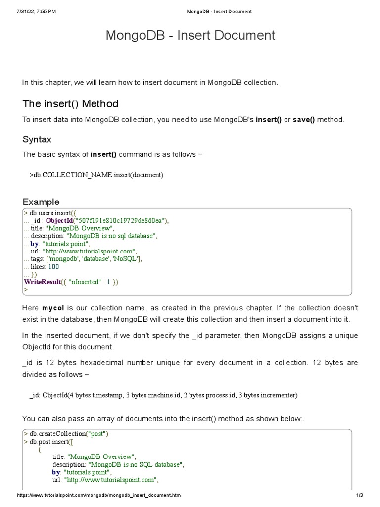 Mongodb Insert Document Pdf No Sql Mongo Db