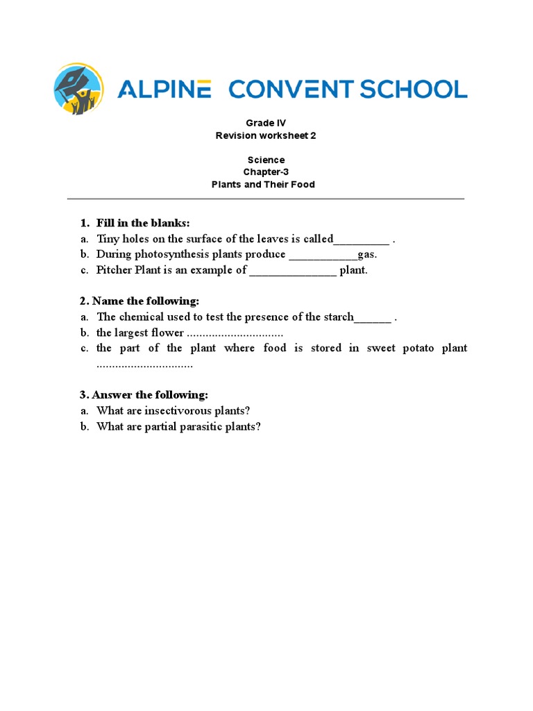 Fill in The Blanks:: Grade IV Revision Worksheet 2 Science Chapter-3 ...