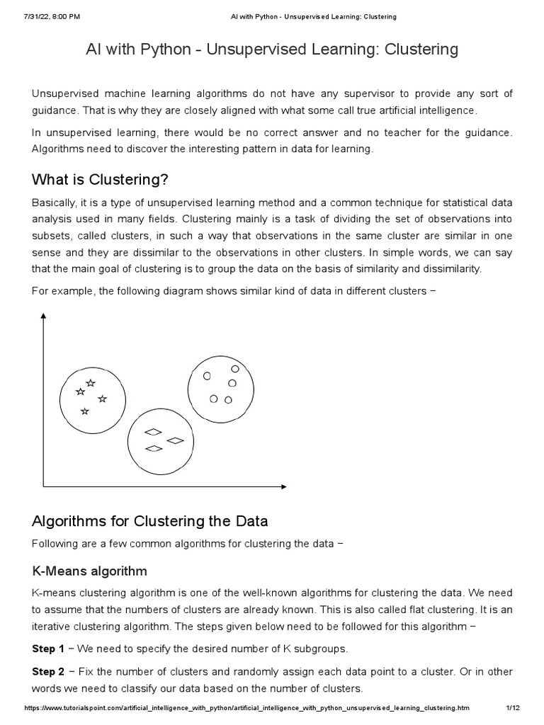 Ai With Python Unsupervised Learning Clustering Pdf Cluster Analysis Statistical