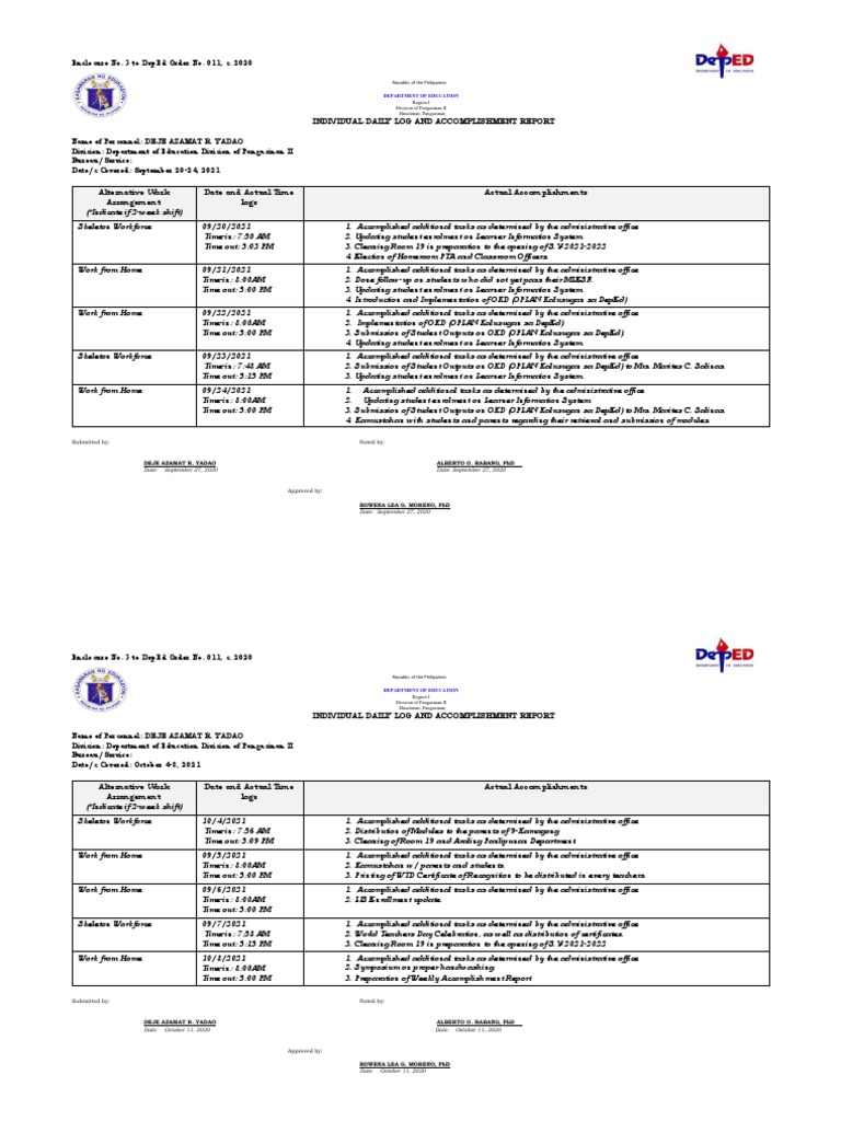 Individual Daily Log and Accomplishment Report: Enclosure No. 3 To ...