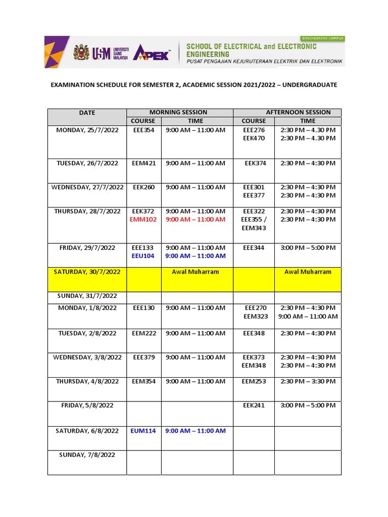 Examination Schedule Sem 2 2021-2022 PPKEE V3 Updated 1 JULY 2022 | PDF ...