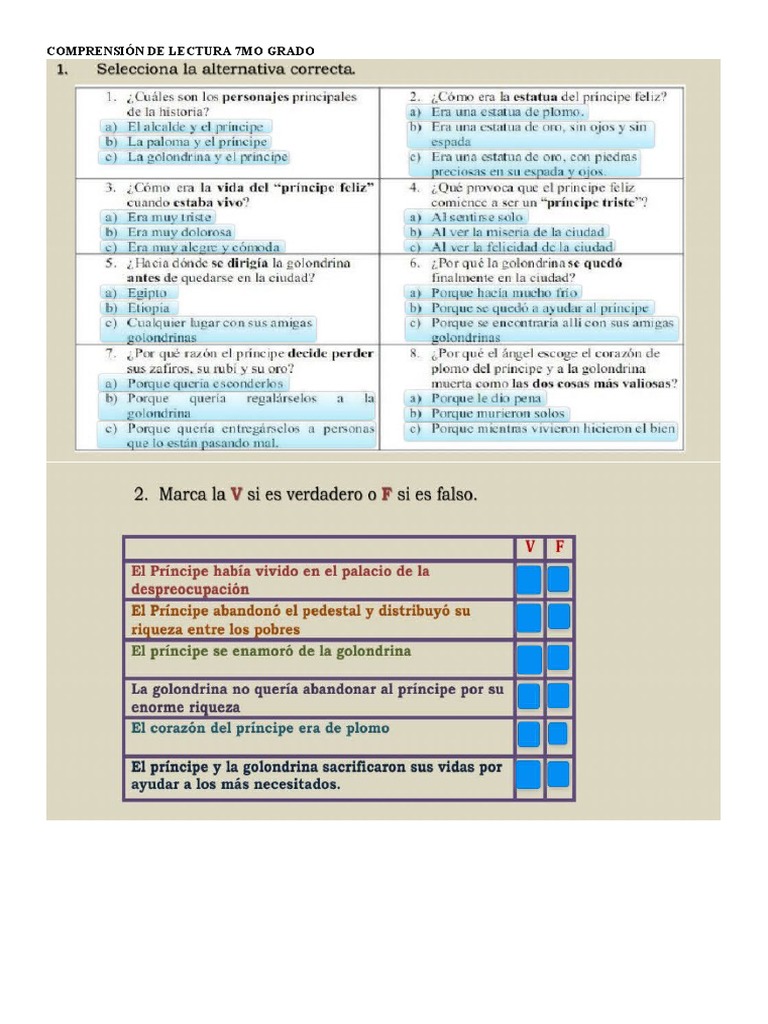 Comprensión de Lectura 7mo Grado | PDF