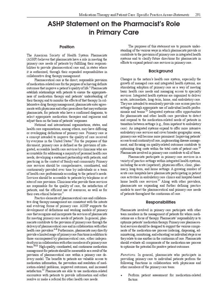ASHP Statement On The Pharmacist's Role in Primary Care | PDF ...