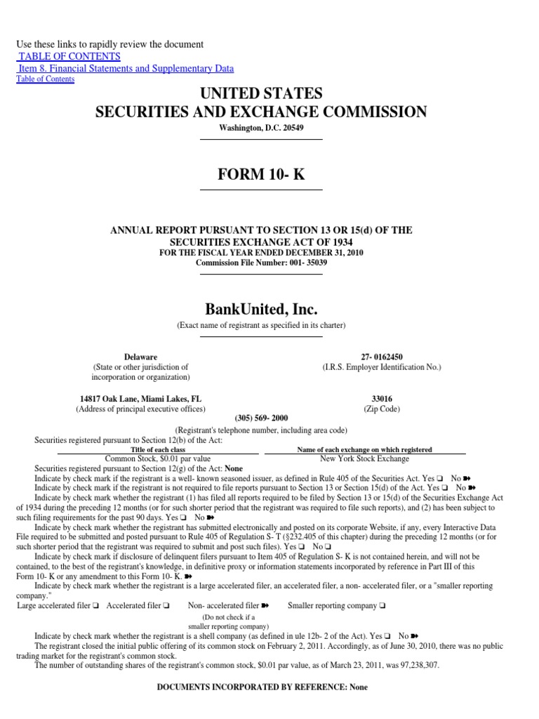 Bank United, FSB Form 10 K (Mar 31 2011) | PDF | Federal Deposit ...