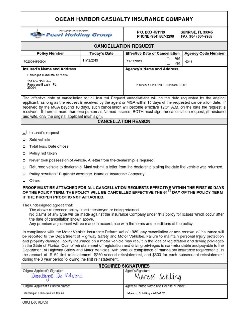 Ocean Harbor Casualty Insurance Company: Cancellation Request | PDF ...