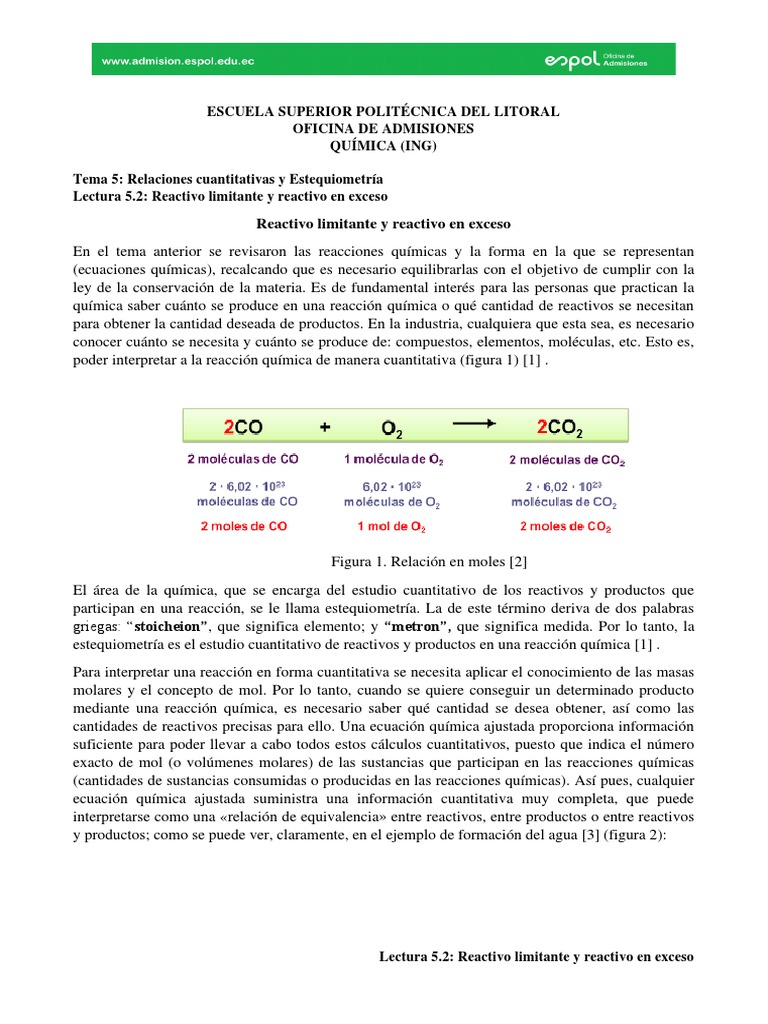 Lectura 5.2-Reactivo Limitante-% de Pureza y Rendimiento | PDF | Estequiometría | Reacciones ...