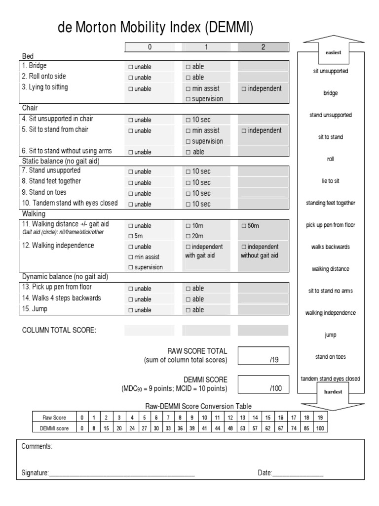 De Morton Mobility Index (DEMMI) : Unable Unable Unable | PDF | Chair