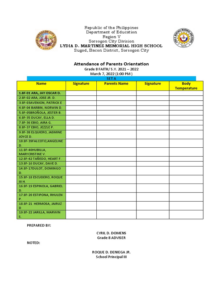 Attendance of Parents Orientation: Lydia D. Martinez Memorial High ...