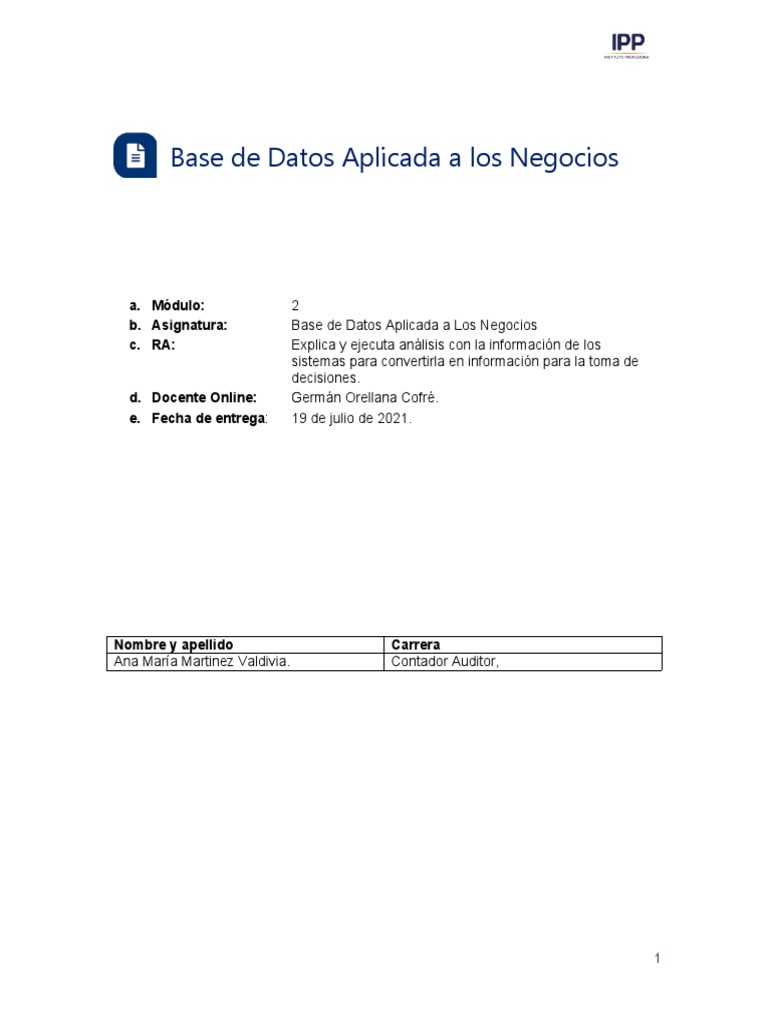 Ana - Martinez - TIM2 - Basede Datos Aplicada A Los Negocios | PDF | Producto (Negocio ...