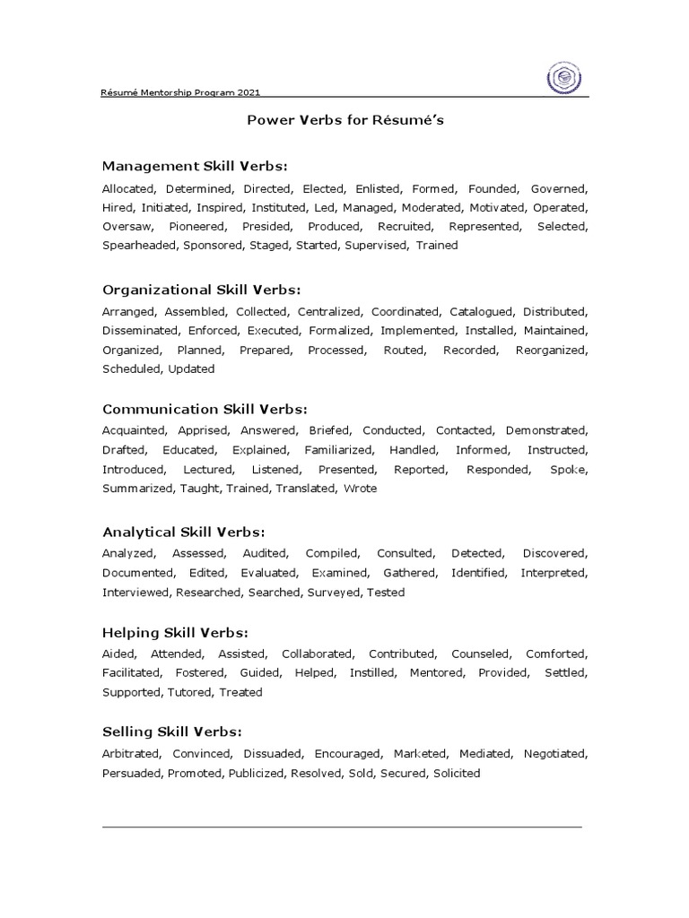 Power Verbs List | PDF | Mentorship | Learning