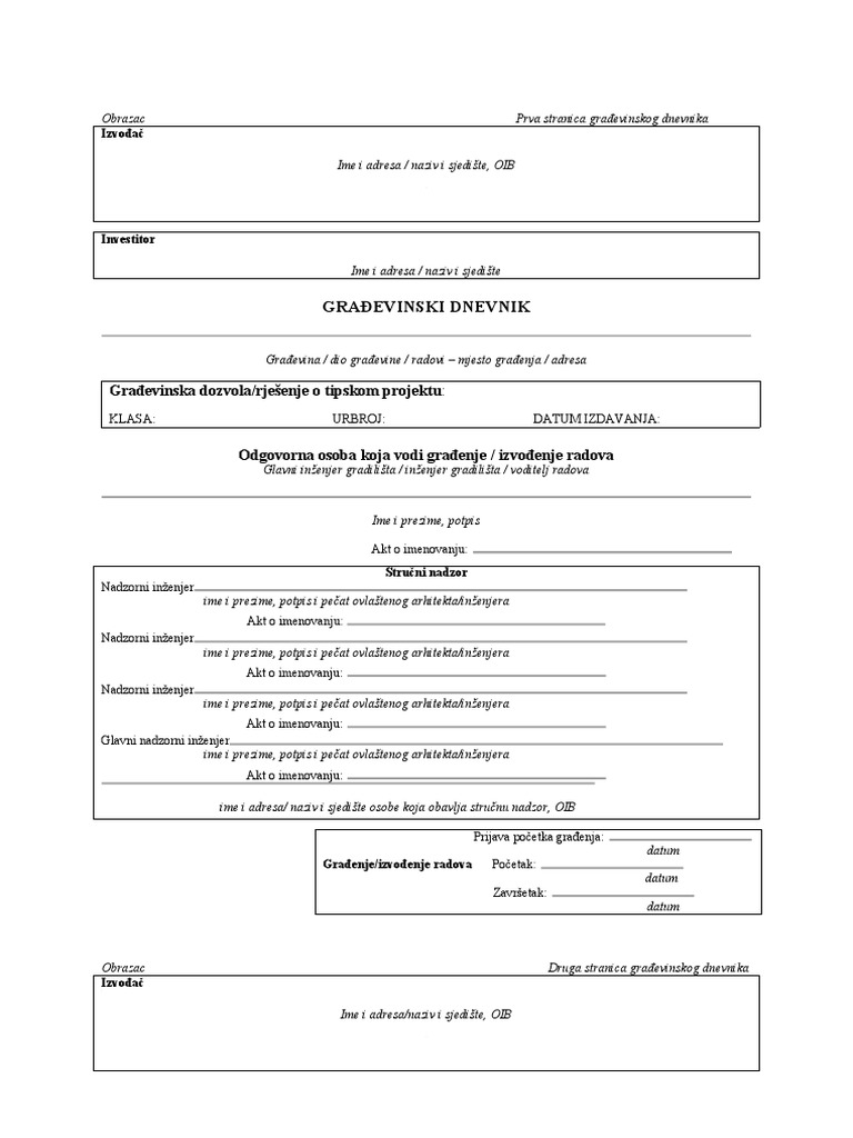 Građevinski Dnevnik - Obrazac | PDF