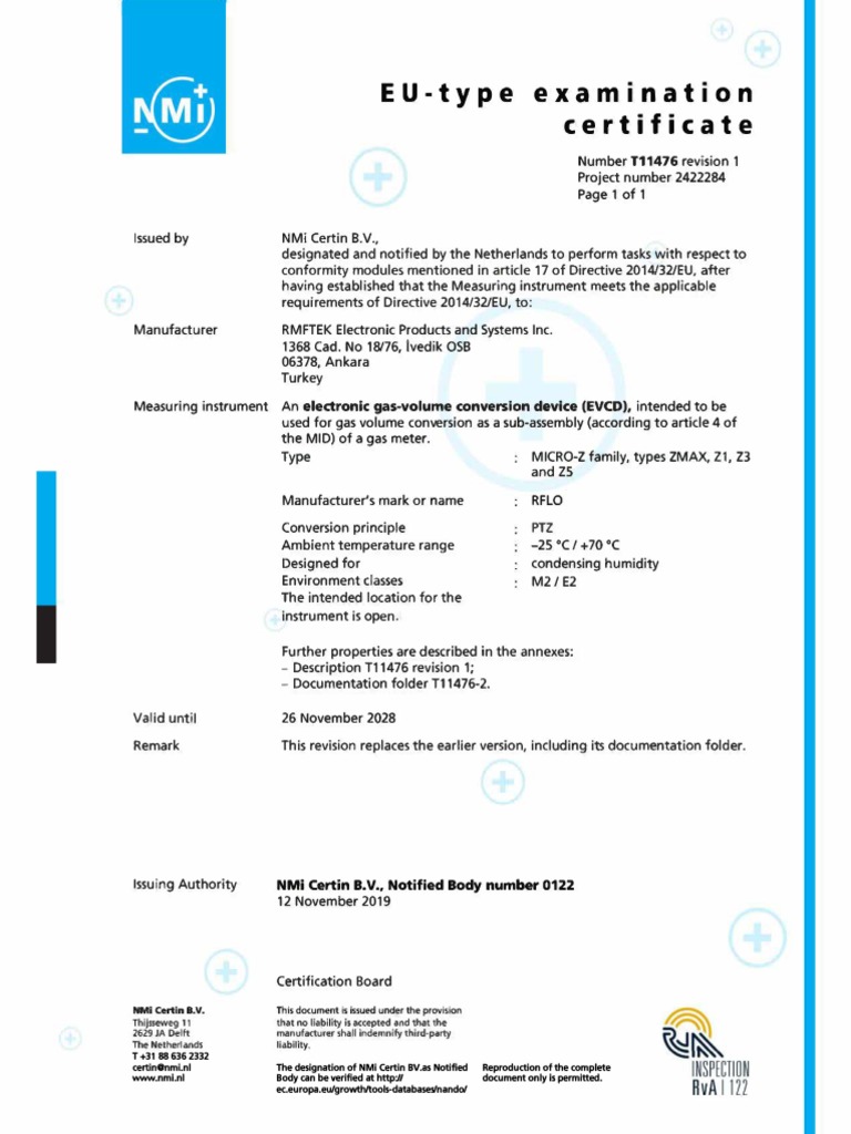 Eu-Type Examination Certificate: Issued by Nmi Certin B.V. | PDF ...