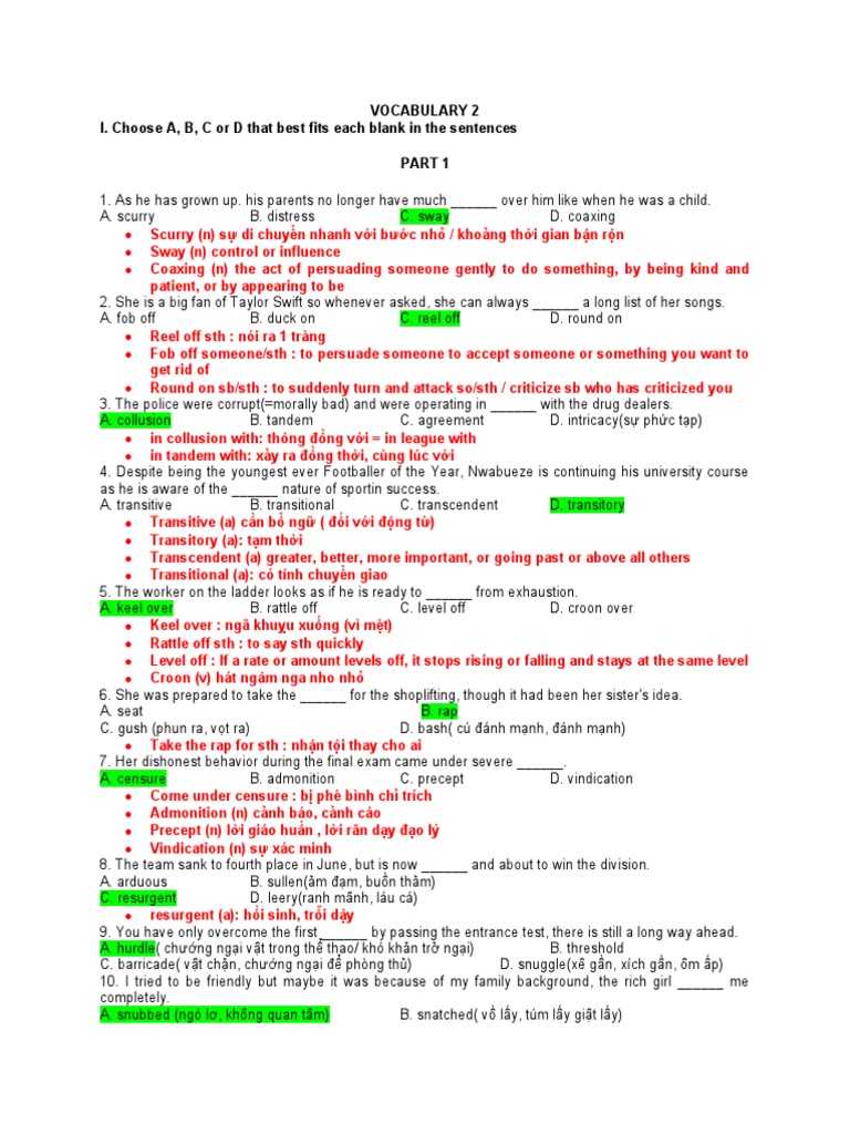 Vocabulary 2 I. Choose A, B, C or D That Best Fits Each Blank in The ...