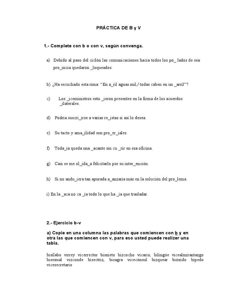 Ejercicios de Ortografía: B, V, S, C, Z, X | PDF