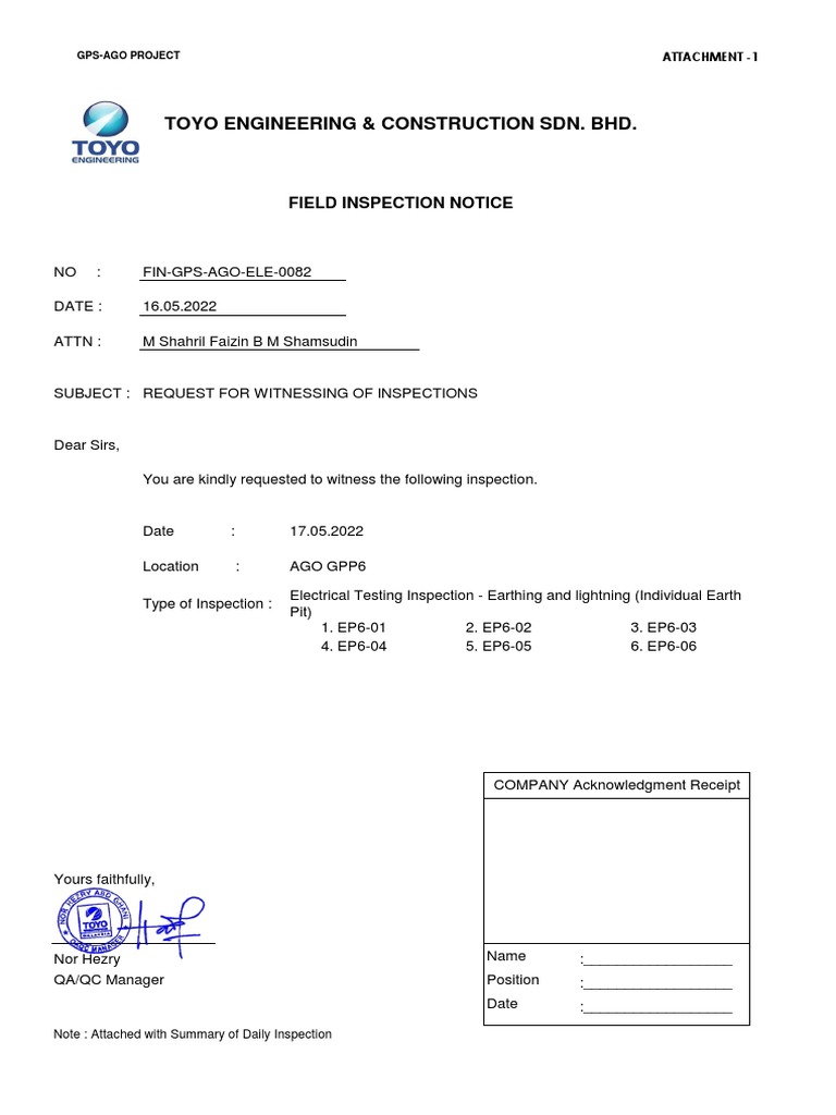 GPP6 Inspection Request - Toyo Engineering | PDF | Electricity ...