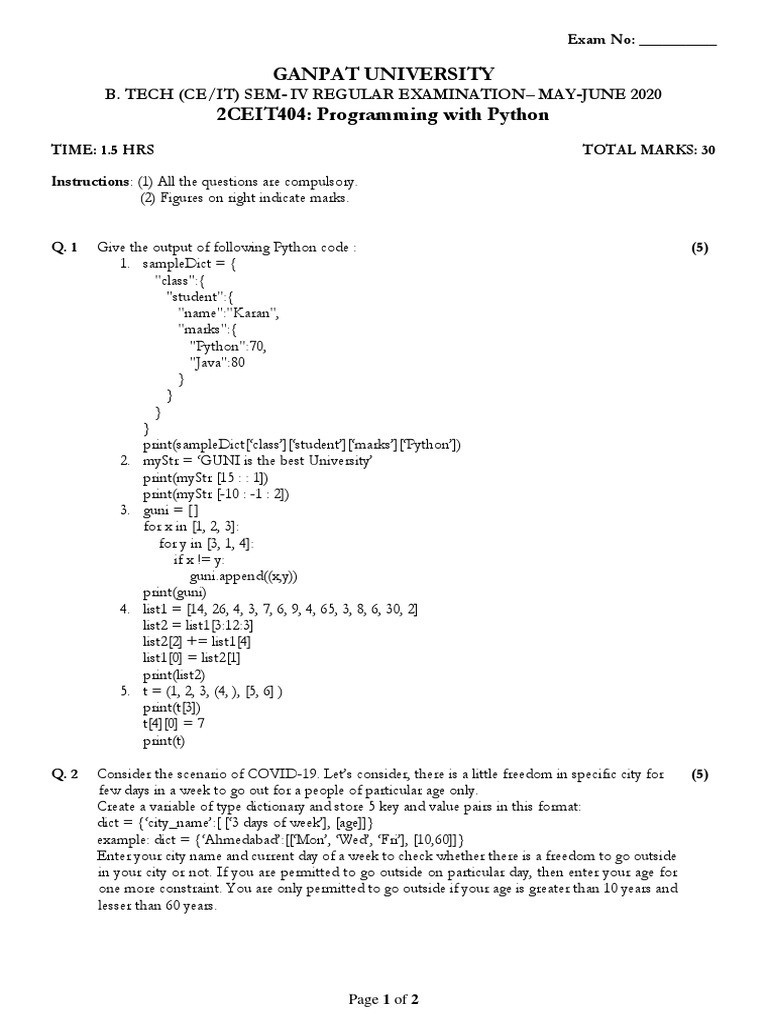 Python Programming Exam Paper 2020 | PDF | Computer Programming ...