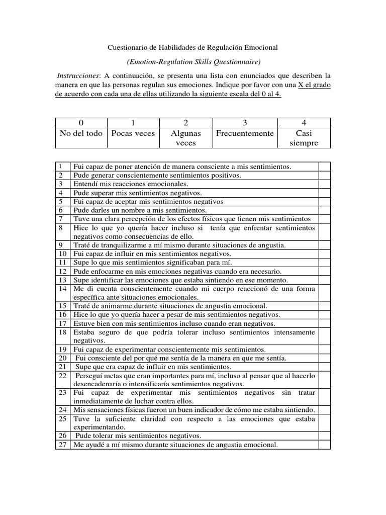 Cuestionario de Habilidades de Regulación Emocional PDF | PDF | Las ...