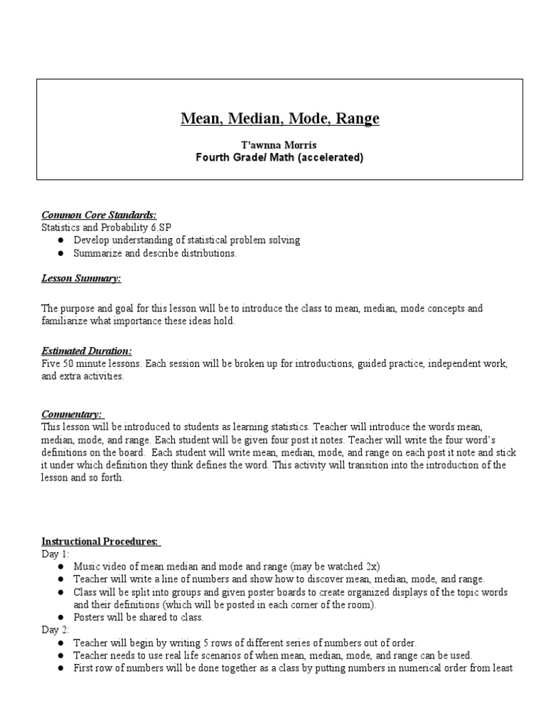 Mean Median Mode Range Lesson Plan | PDF | Teachers | Mode (Statistics)