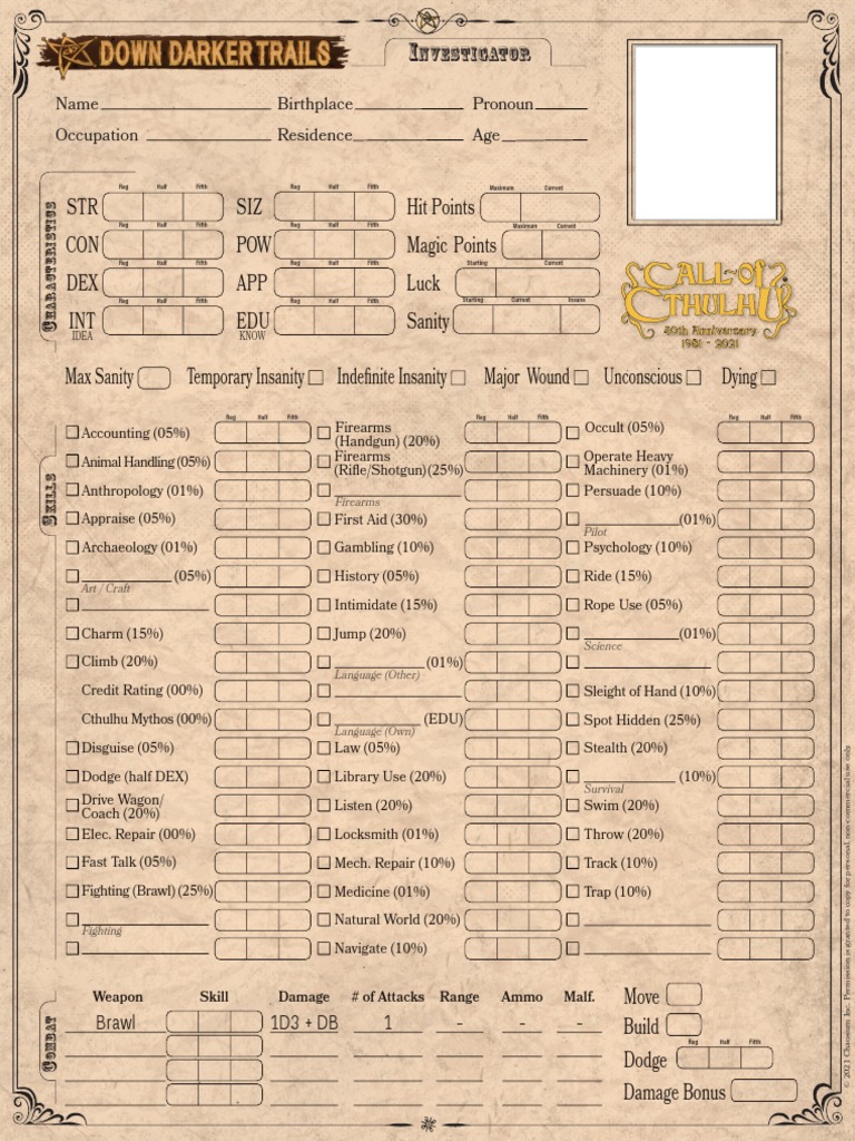 CoC7 PC Sheet - Auto-Fill - DDT - Standard - Color | PDF