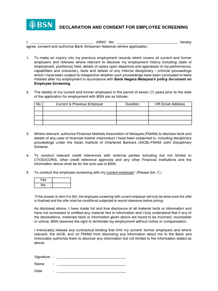 Declaration and Consent For Employee Screening (Revised Jan 2021) | PDF ...