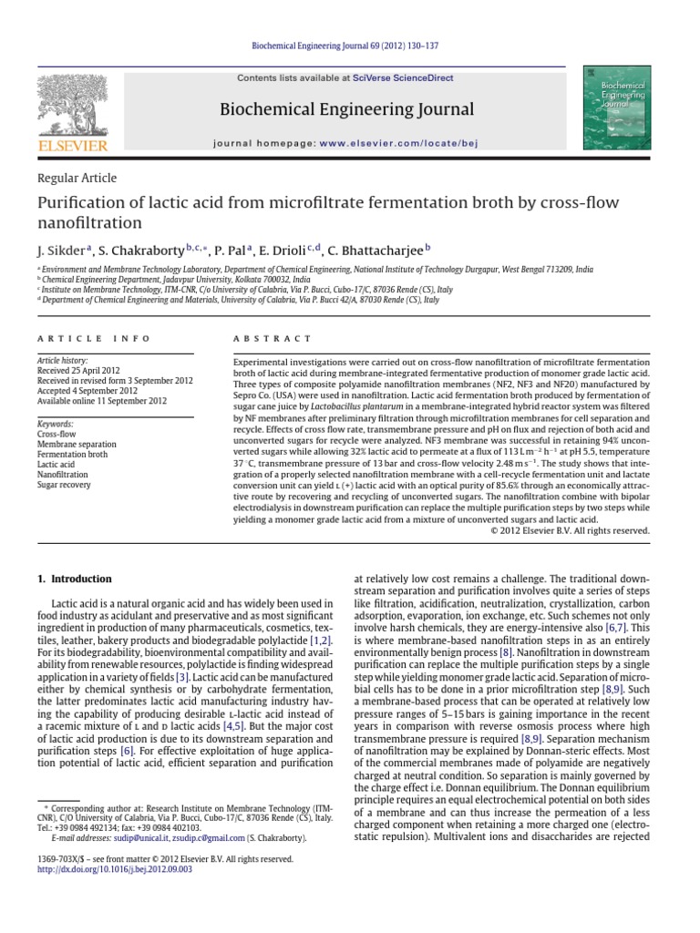 Biochemical Engineering Journal | PDF | Lactic Acid | Membrane