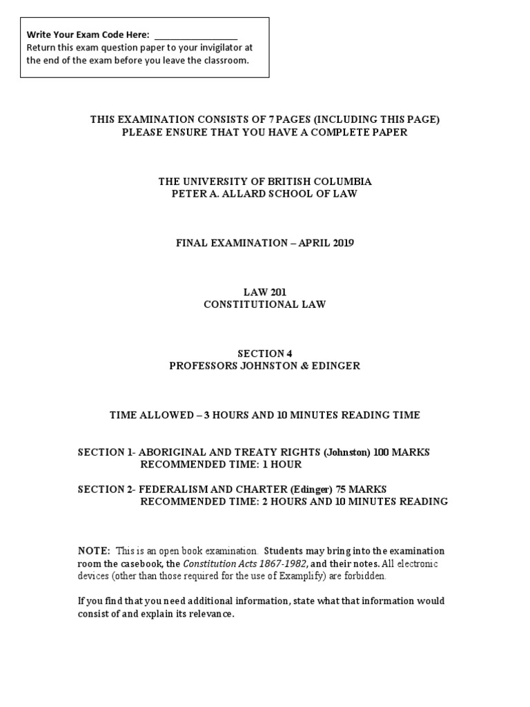 University of British Columbia Constitution Law Question Paper 2019 ...