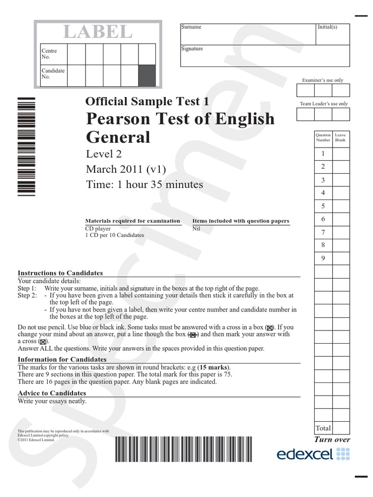Label: Pearson Test of English General | PDF