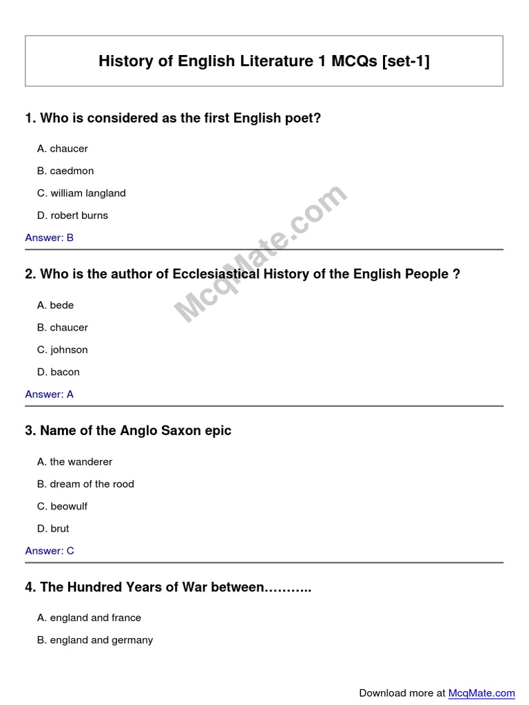 English Literature MCQs: History Set 1 | PDF | Geoffrey Chaucer ...