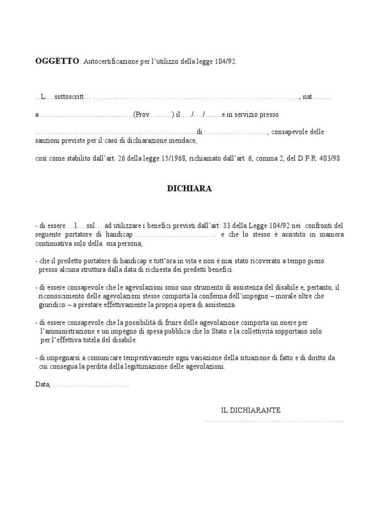 Modulo Autocertificazione Legge 104 | PDF