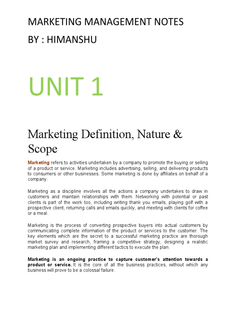 Marketing Management Notes | PDF | Marketing | Sales