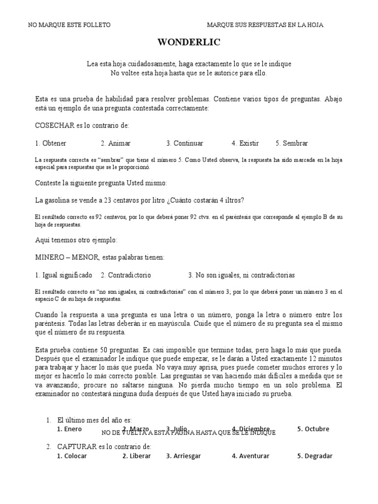 WONDERLIC Test | PDF