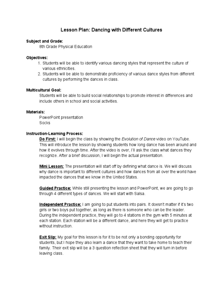 Lesson Plan Dancing With Different Cultures | PDF | Learning | Lesson Plan