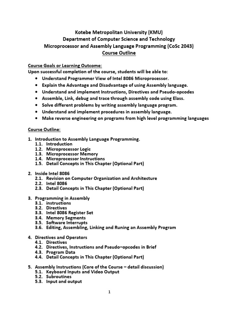 courseOutineAssembly PDF | Download Free PDF | Assembly Language | Subroutine