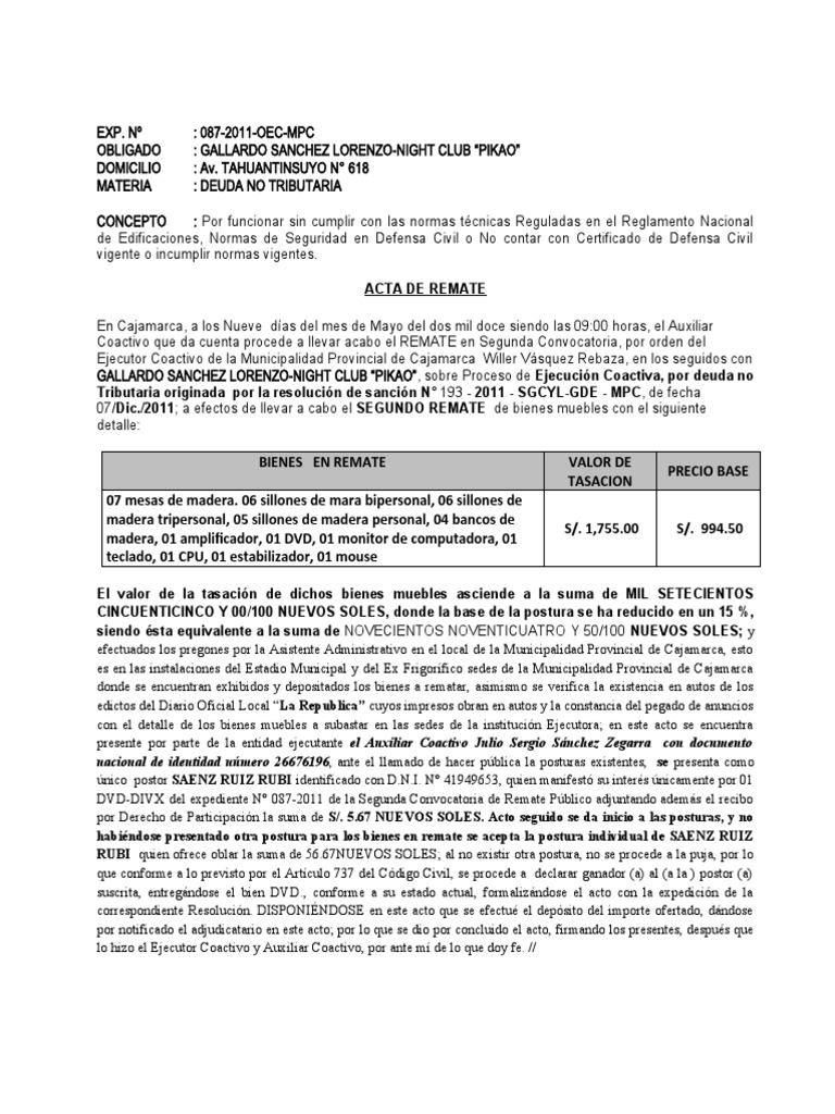 Acta de Adjudicacion Remate | PDF | Subasta | Gobierno