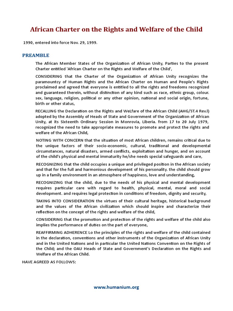African Charter On The Rights and Welfare of The Child: Preamble | PDF ...