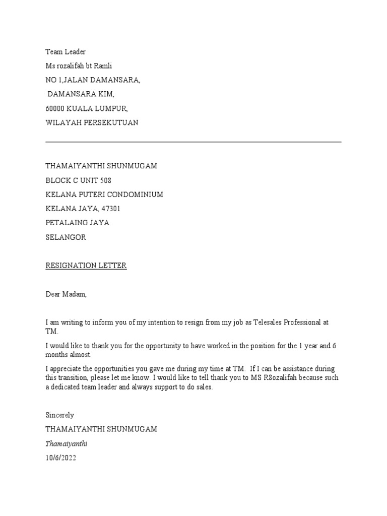 Resignation Letter from Telesales Professional | PDF | Cooking, Food & Wine
