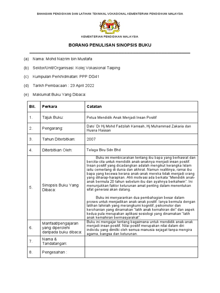 1.1 Borang Penulisan Sinopsis Buku - BPLTV | PDF | Karier & Perkembangan | Kesehatan Holistik