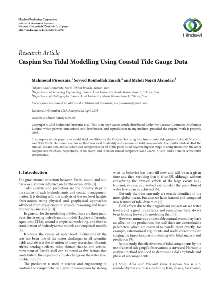 Research Article: Caspian Sea Tidal Modelling Using Coastal Tide Gauge ...