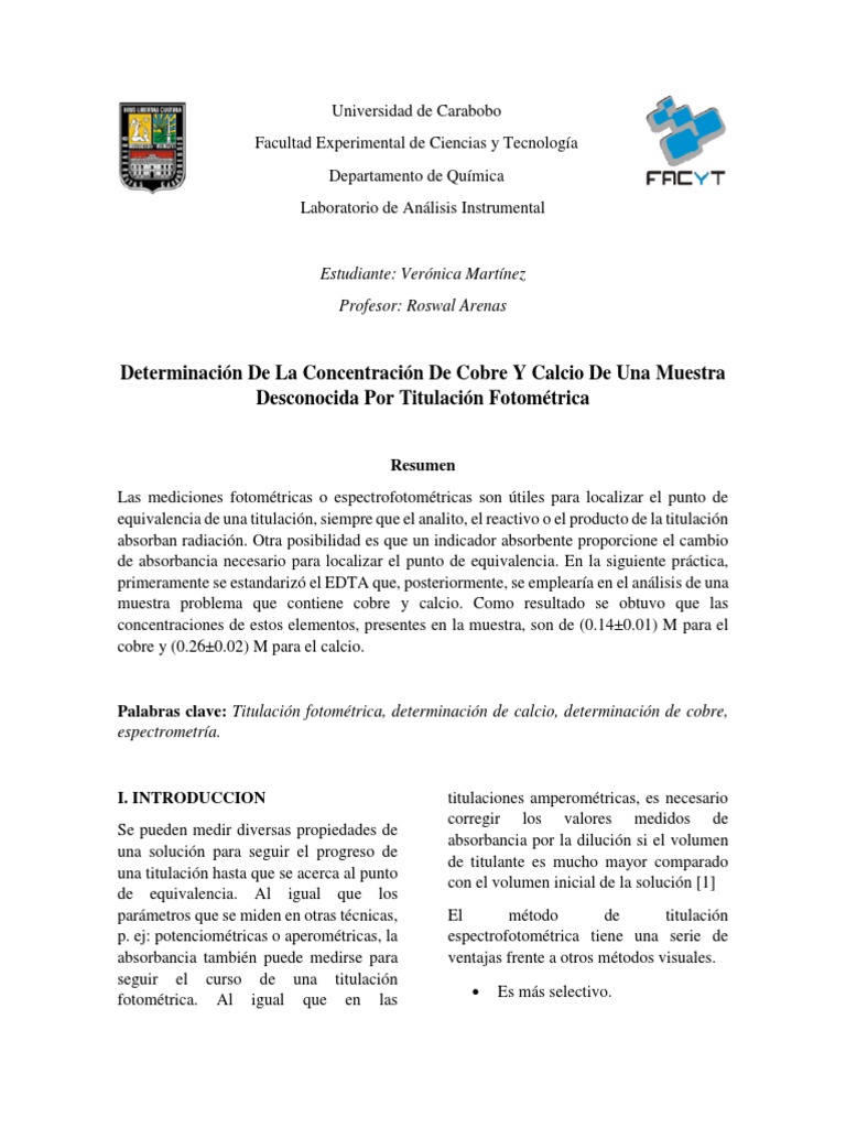Análisis de Cobre y Calcio por Fotometría | PDF | Valoración | Química