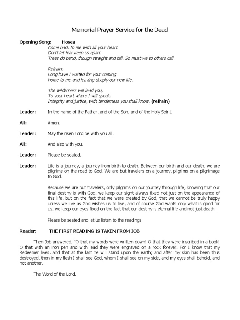 Memorial Prayer Service Outline | PDF | Prayer | Lord's Prayer