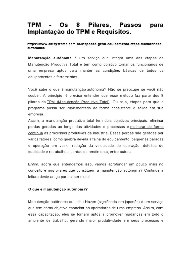 8 Pilares da Manutenção Produtiva Total | PDF | Desenvolvimento ...