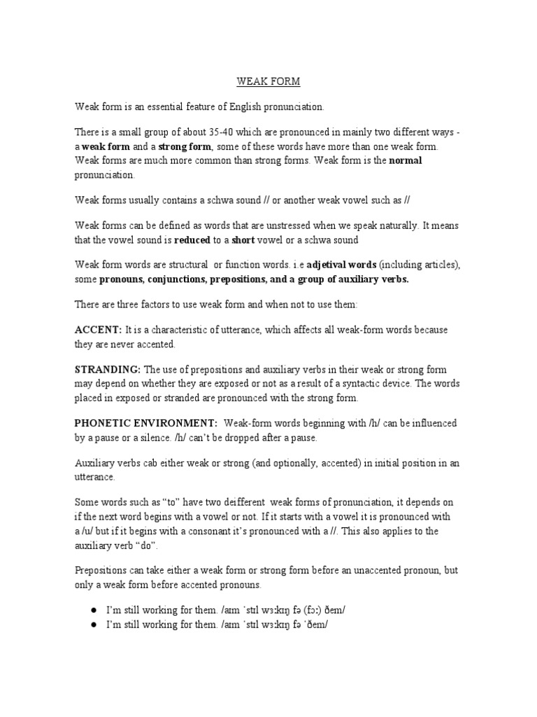 Weak Form PDF Stress Linguistics English Language