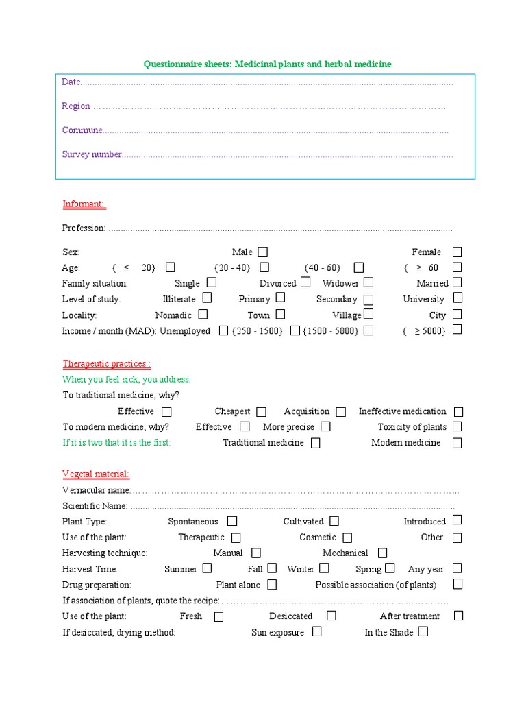 Questionnaire Sheets: Medicinal Plants and Herbal Medicine: Informant ...