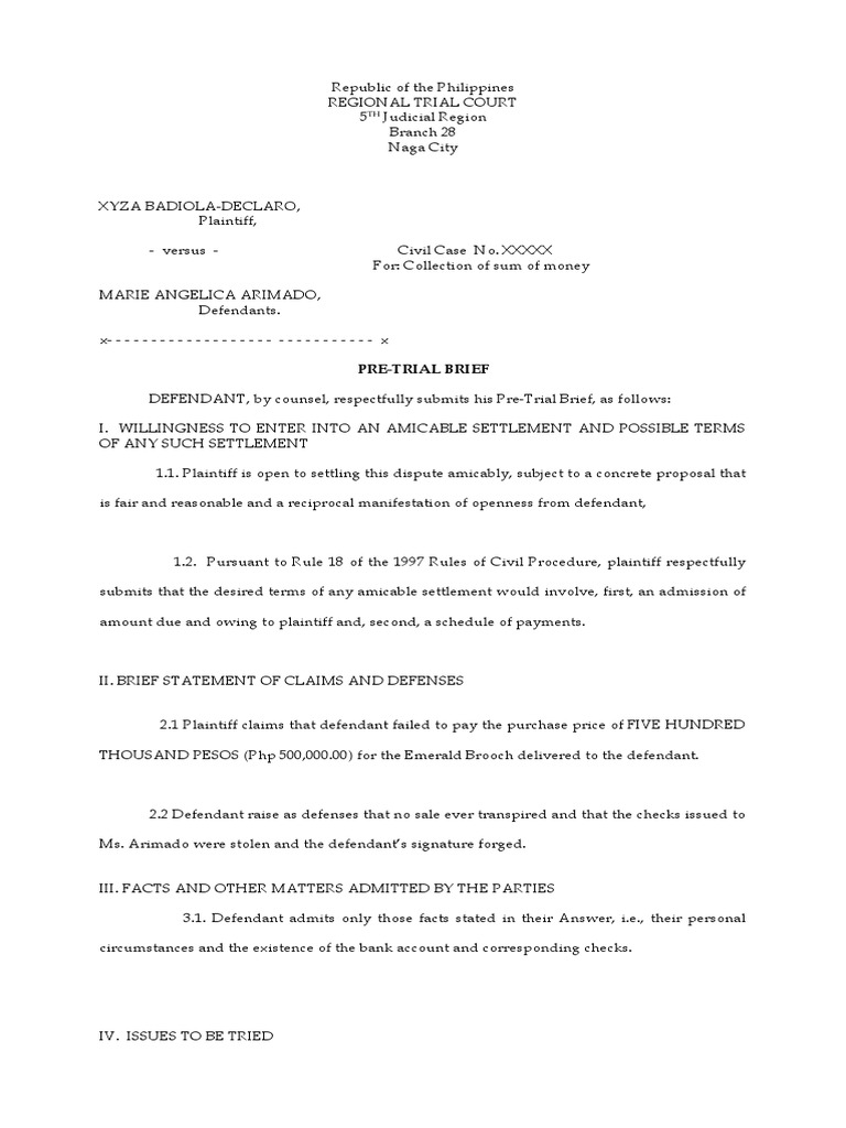 Assignment Pre Tri Brief Defendant X | PDF | Discovery (Law) | Justice