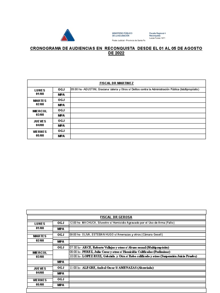 Cronograma de Audiencias en Reconquista Desde El 01 Al 05 de Agosto de ... Cronograma de Audiencias en Reconquista Desde El 01 Al 05 de Agosto de ...