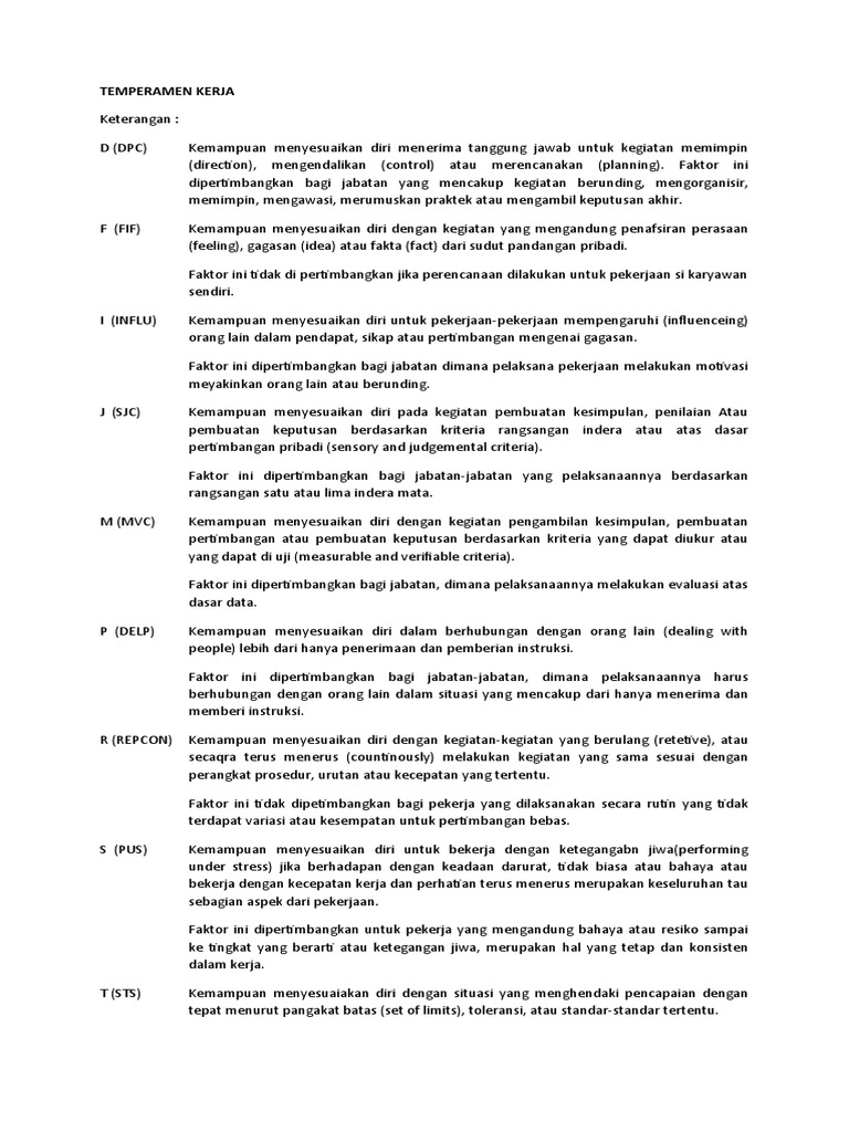 Untuk Pengisian Temperamen Kerja - Form Anjab (Poin 13.8) | PDF ...